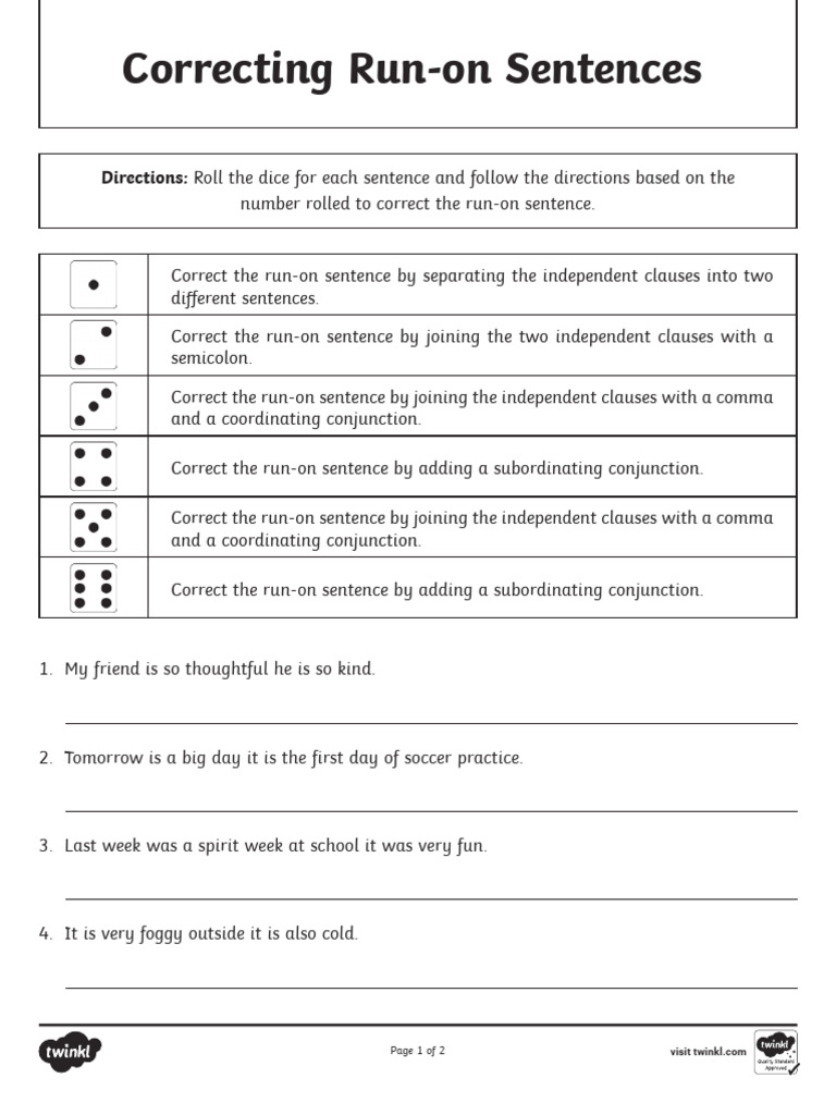 Fourth Grade Correcting Run On Sentences Dice Activity Us e 1699138532 ...