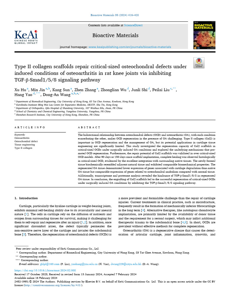 Type II collagen scaffolds repair critical-sized osteochondral defects ...