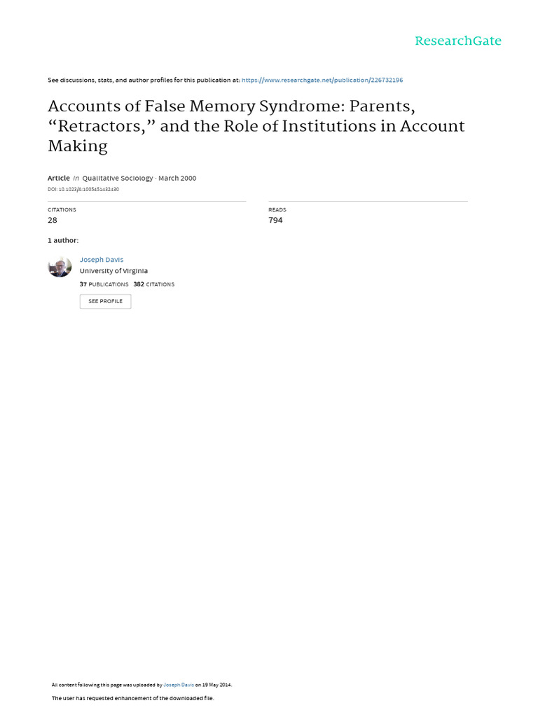 Accounts of False Memory Syndrome Parents Retracto | PDF | Narrative ...