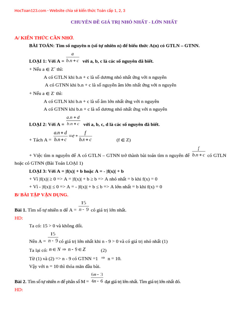 Tim Gia Tri Nho Nhat Lon Nhat Cua Phan So Toan Lop 6 | PDF