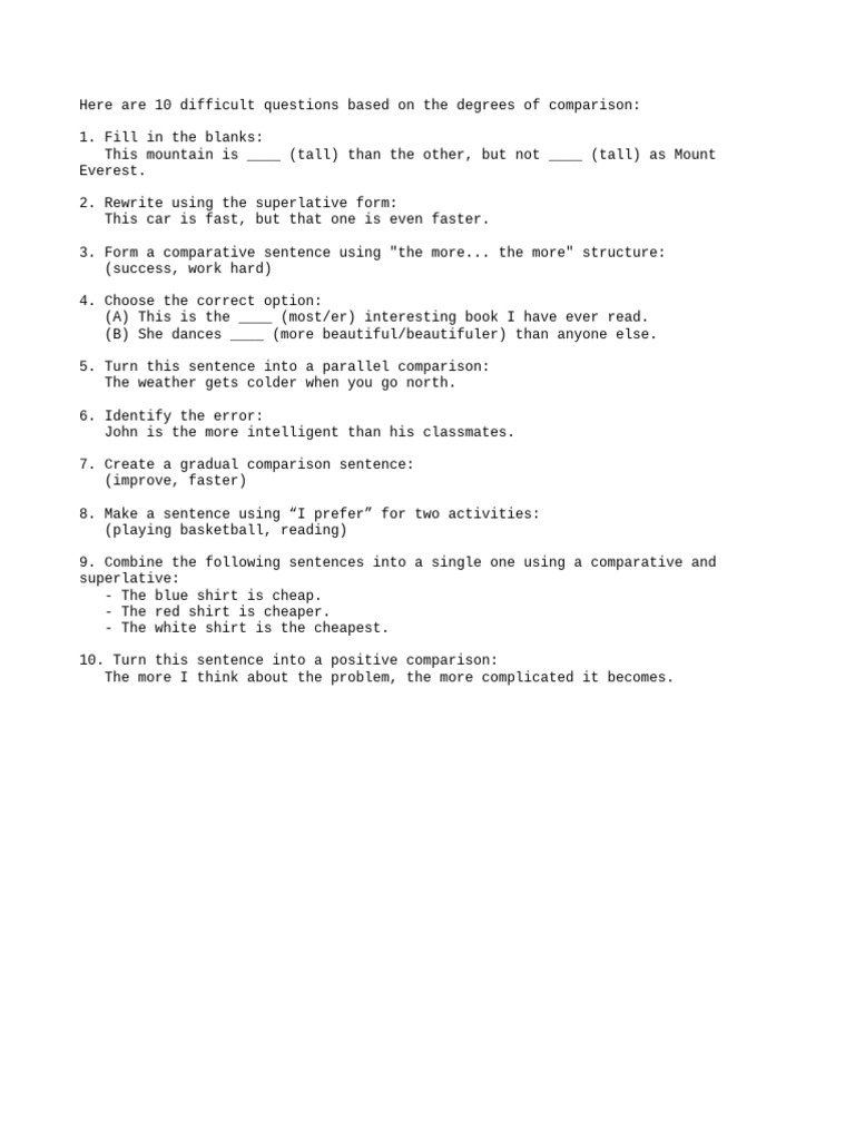 Degrees of Comparison Questions | PDF