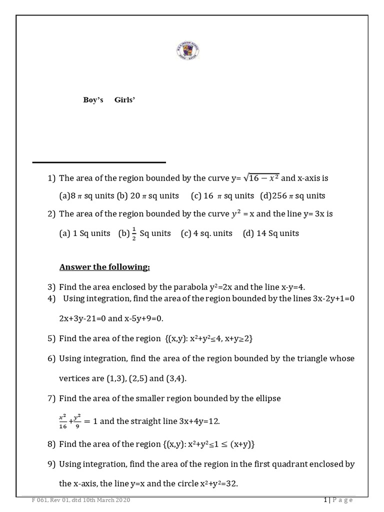 Class 12 Mathematics Worksheet 10-Ch8-Application of Integration | PDF ...
