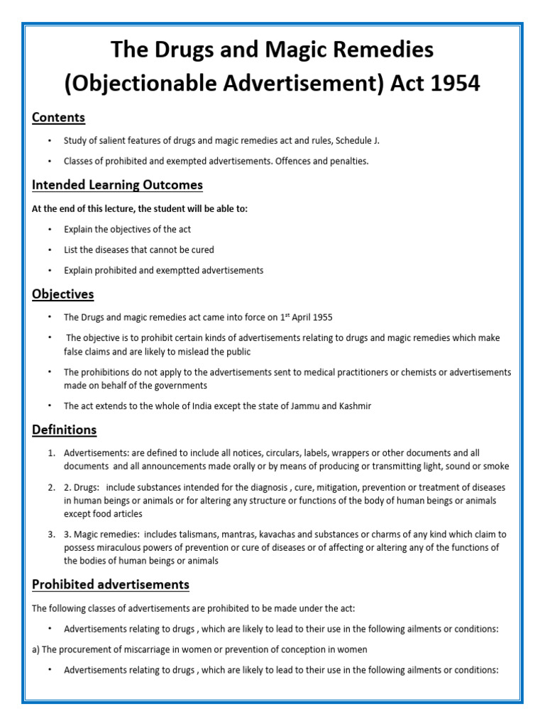 The Drugs and Magic Remedies (Objectionable Advertisement) Act 1954 ...
