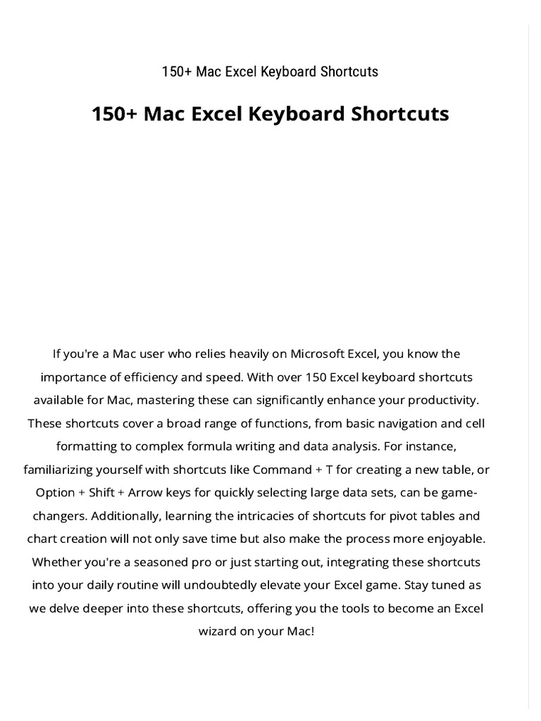 150+ Mac Excel Keyboard Shortcuts - Engineering Books | PDF