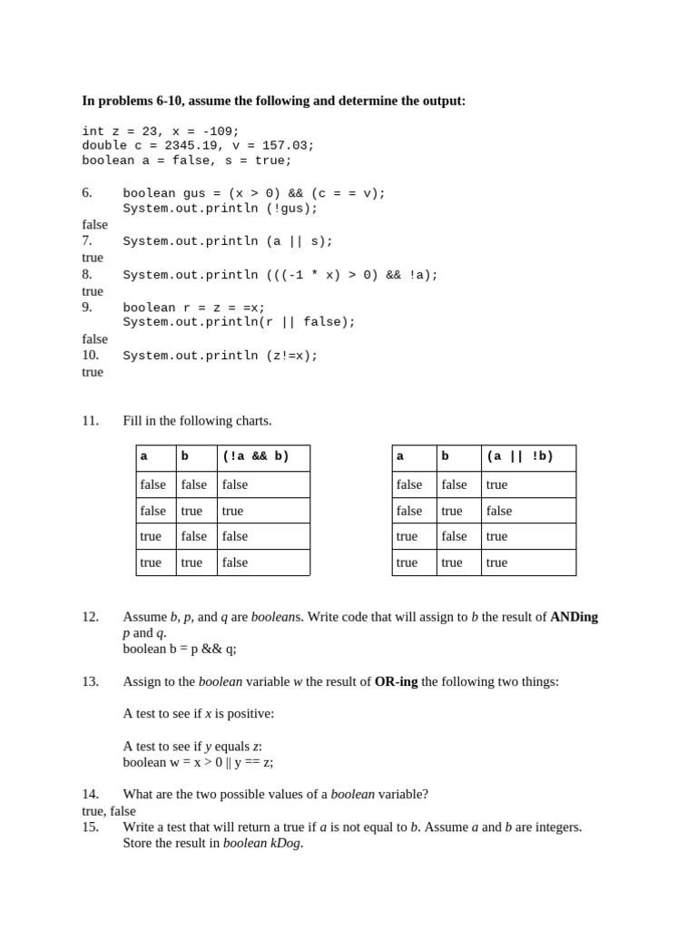 AP Computer Science A: Booleans Worksheet | PDF