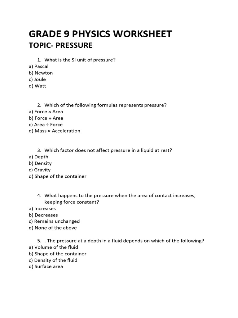 Grade 9 Physics Worksheet Special | PDF | Pressure | Density