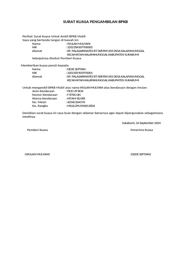 Contoh Surat Kuasa Pengambilan BPKB | PDF