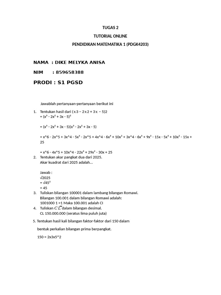 Tugas 2 Pendidikan Matematika 1 (PDGK4203) | PDF