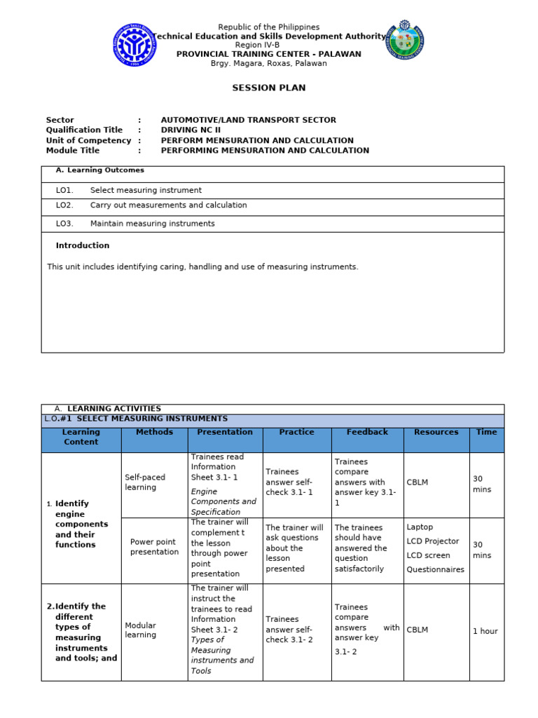 Coc3 Session Plan Perform Mensuration and Calculation | PDF | Questionnaire