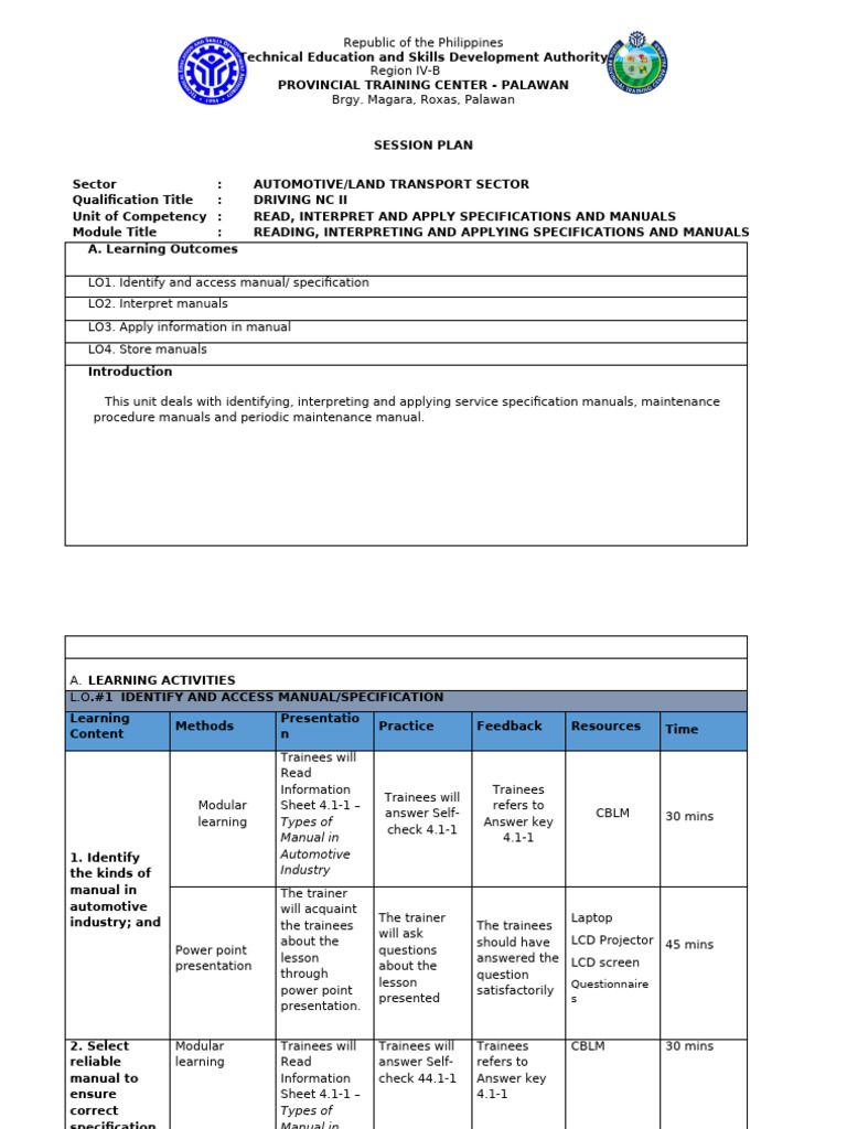 Coc4 Session Plan Read, Interpret and Apply Specifications and Manuals ...