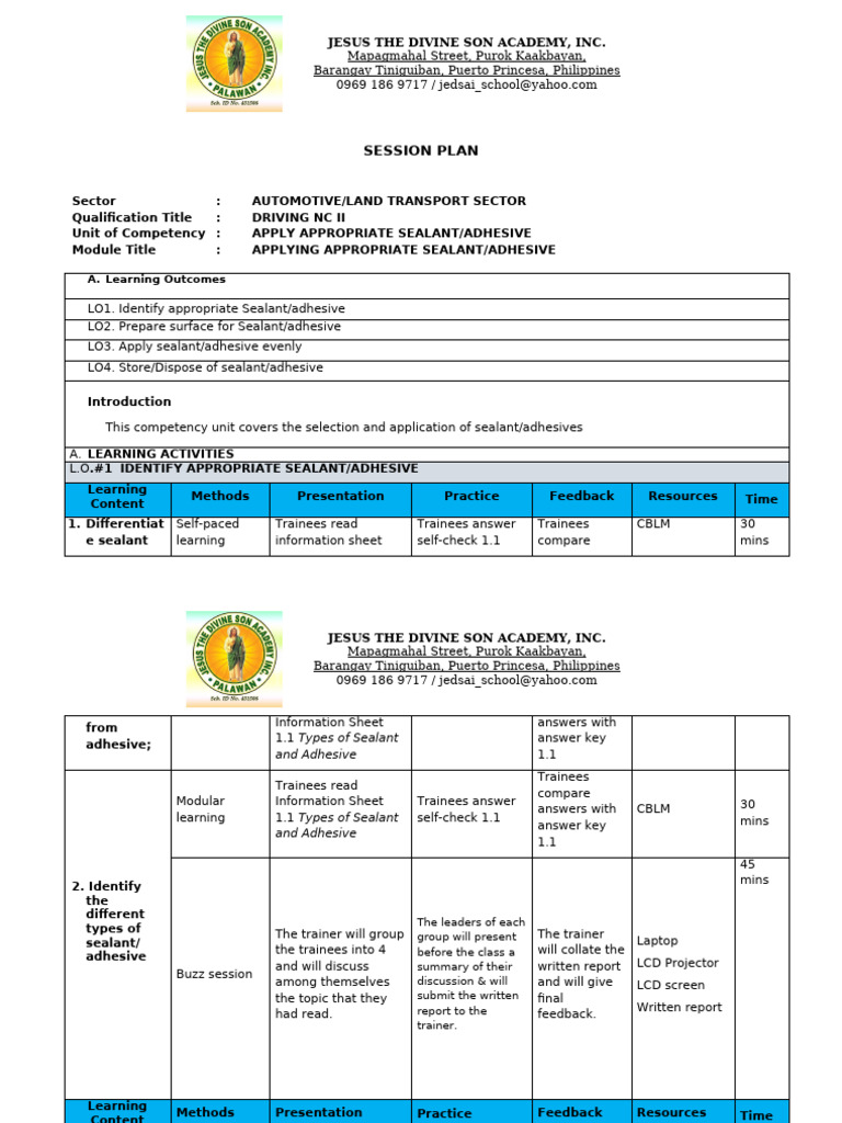 Coc1 Session Plan Apply Appropriate Sealantadhesive | PDF | Behavior Modification | Learning