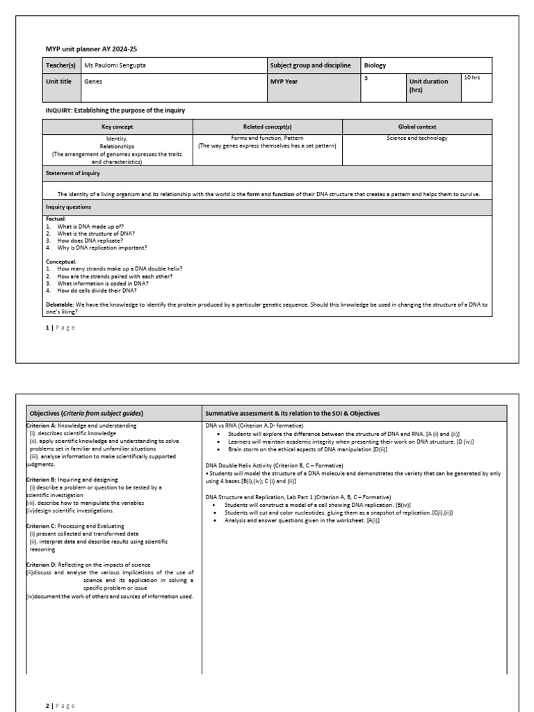 MYP3 Unit Plan - Structure of DNA | PDF | Dna | Dna Replication