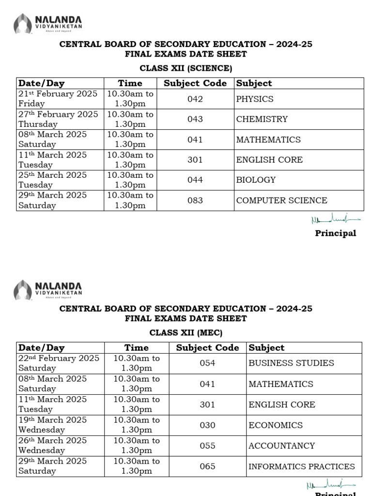 CBSE Class XII Exam Schedule 2025 | PDF