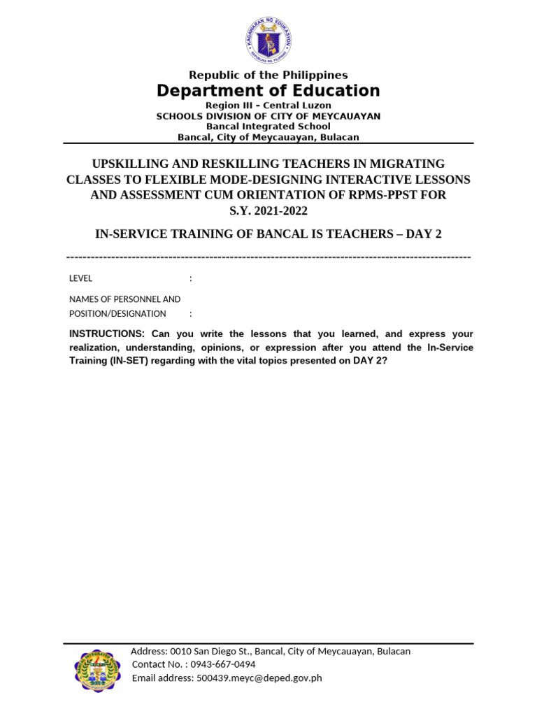 Bancal Is Inset - Day 2 - Reflection - Personnel Level | PDF