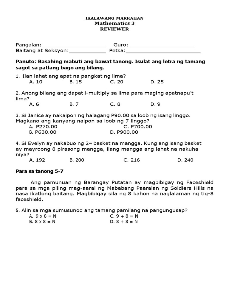 2nd Quarter Grade 3 Math REVIEWER | PDF