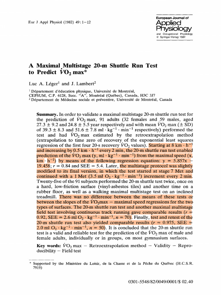 20-m Shuttle Run Test for VO2 Max | PDF