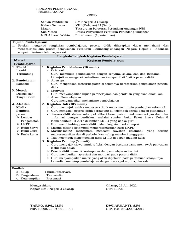 RPP Pendidikan Pancasila Kelas 8 Baru | PDF