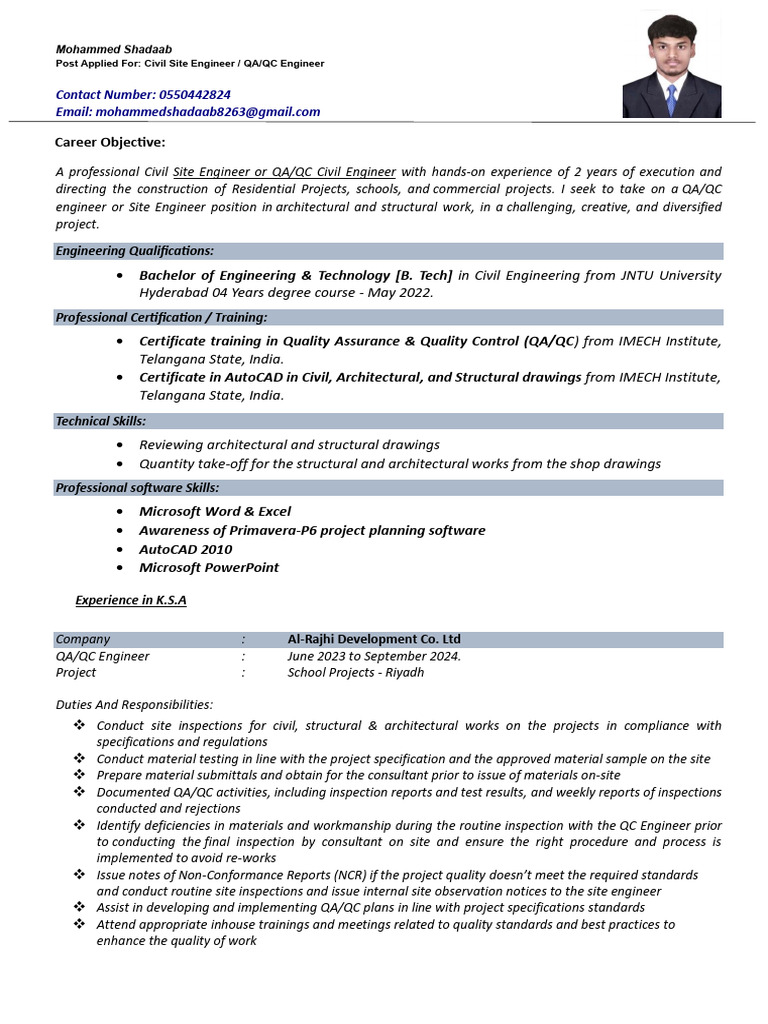 Civil Site Engineer & QA/QC Resume | PDF | Quality Assurance ...