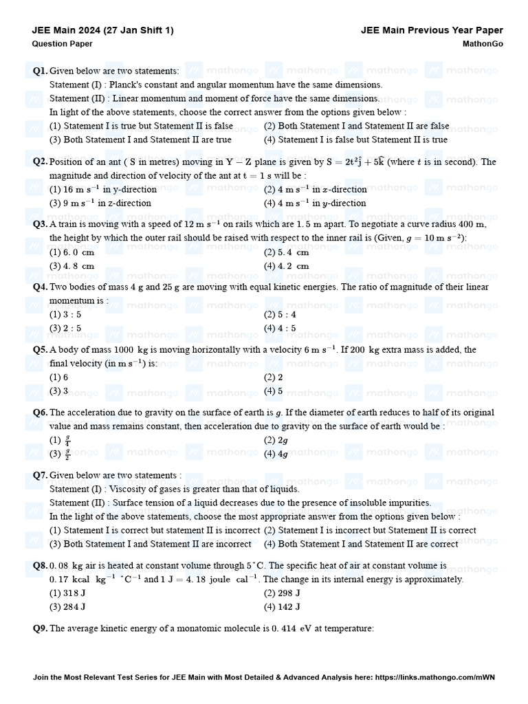 JEE Main 2024 Physics Question Paper | PDF | Inductor | Physical Phenomena