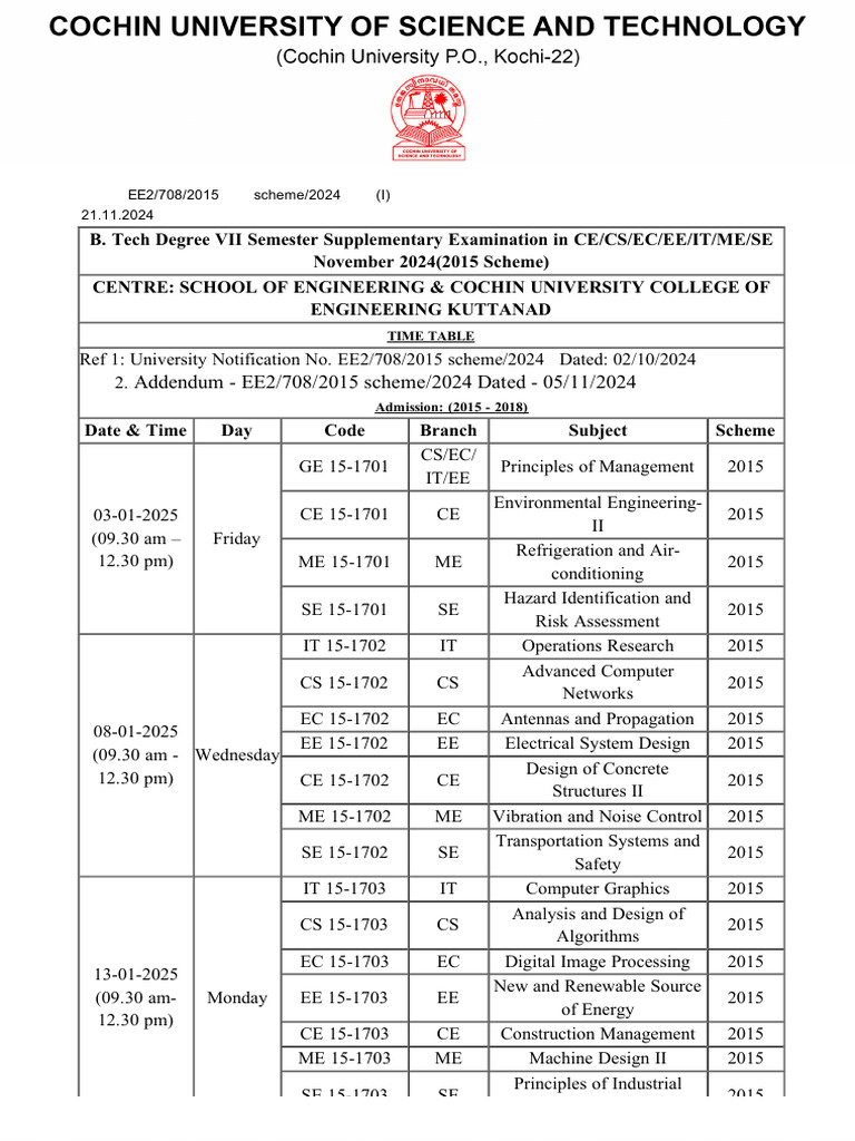 Timetable - VII Semester - 2015 Scheme | PDF | Computing | Internet Of Things