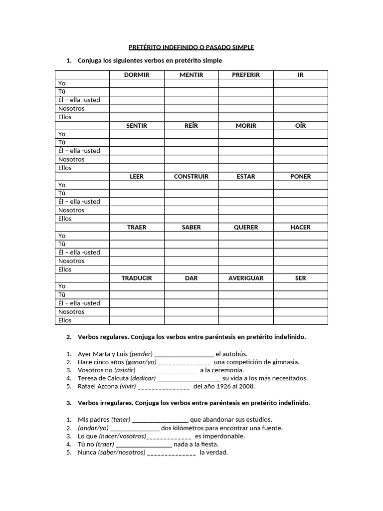 Taller Del Pretérito Indefinido o Pasado Simple | PDF | Miguel De Cervantes