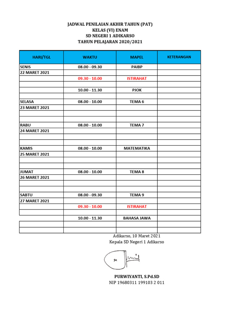 Jadwal Pat Kelas 6 | PDF