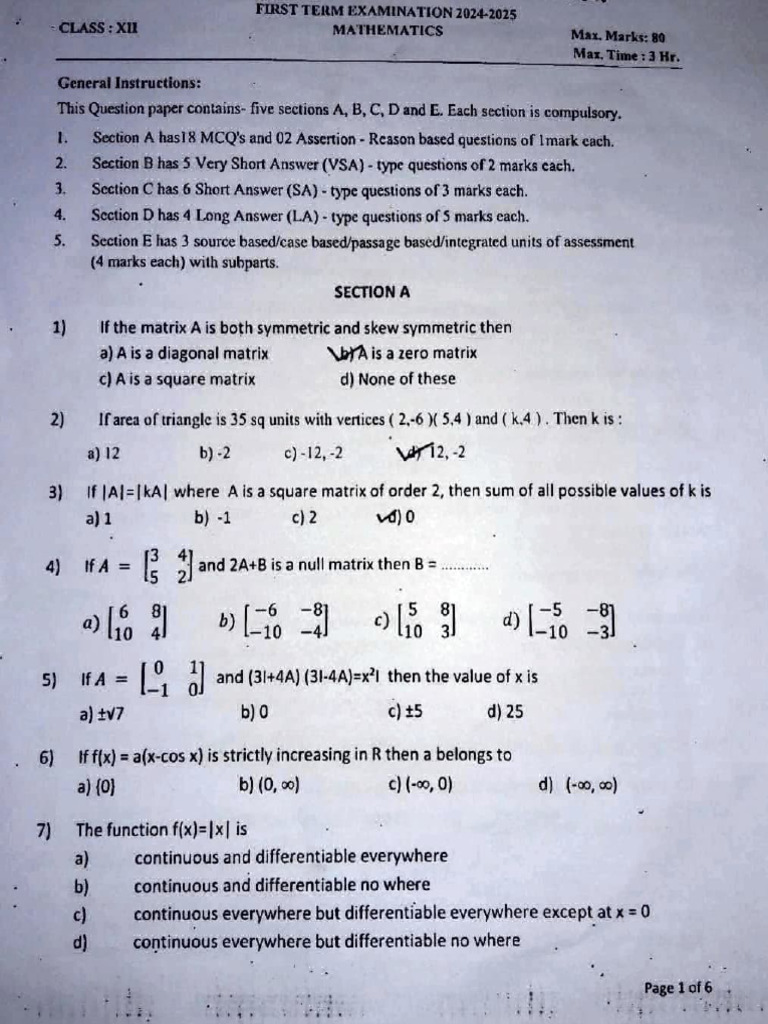 Class12 Maths Cbse Term 1 Question Paper | PDF | Function (Mathematics) | Matrix (Mathematics)