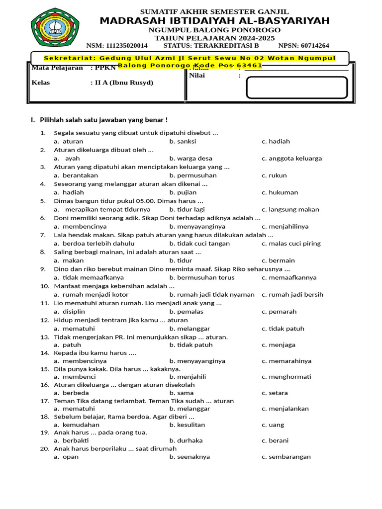 Sumatif Akhir Semester Ganjil PPKN 2a | PDF