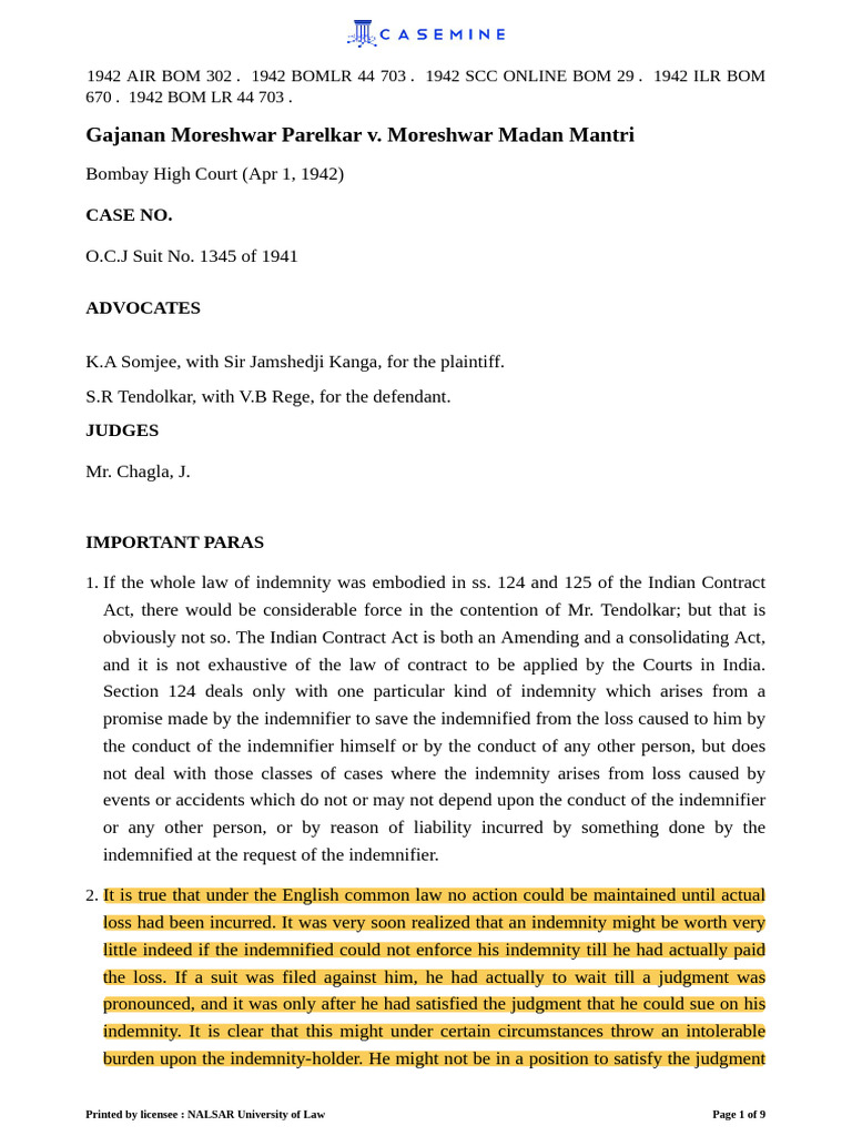 Gajanan Moreshwar Parelkar v. Moreshwar Madan Mantri | PDF | Indemnity | Lawsuit