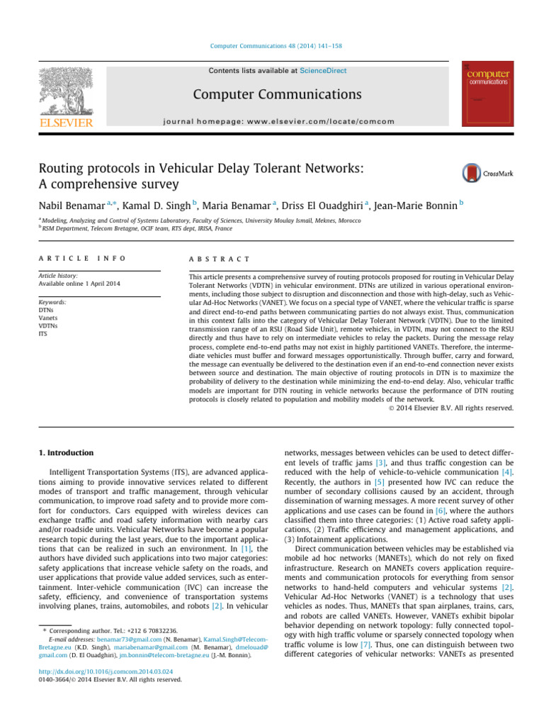2014 Routing Protocols In Vehicular Delay Tolerant Networks A Comprehensive Survey Pdf