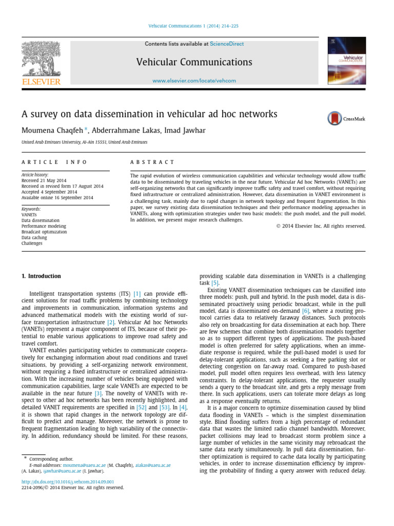 2014 A Survey On Data Dissemination in Vehicular Ad Hoc Networks | PDF | Computer Network ...