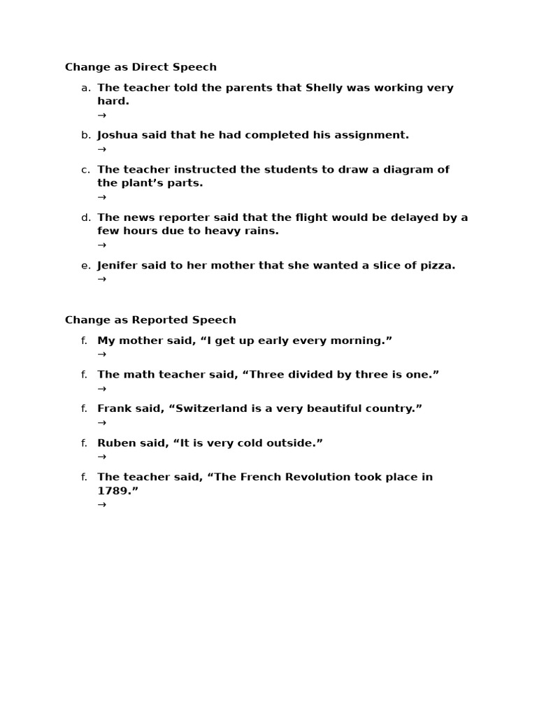 Direct and Reported Speech Exercises | PDF