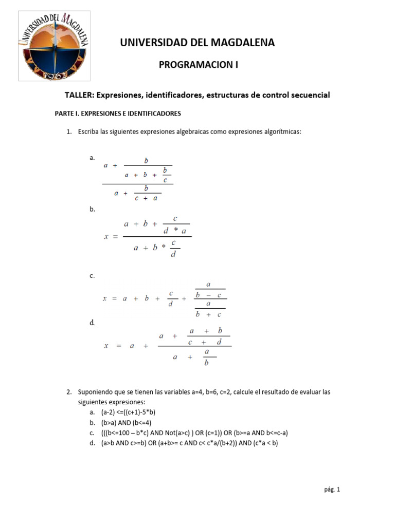 Taller de Algoritmos y Expresiones en Programación | PDF | Matemáticas | Matemáticas Aplicadas
