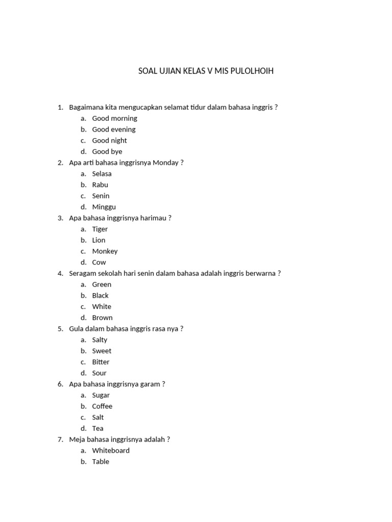 Soal Ujian Kelas 5 Mis Pulolhoih | PDF