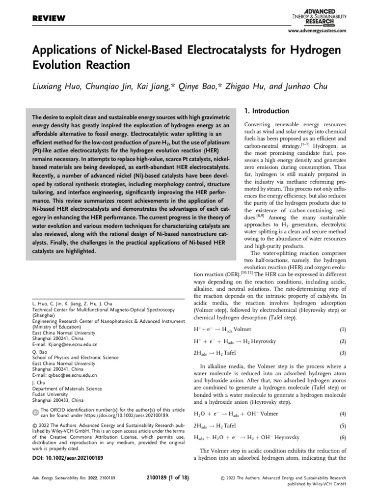 Applications of Nickel-Based Electrocatalysts For Hydrogen Evolution ...