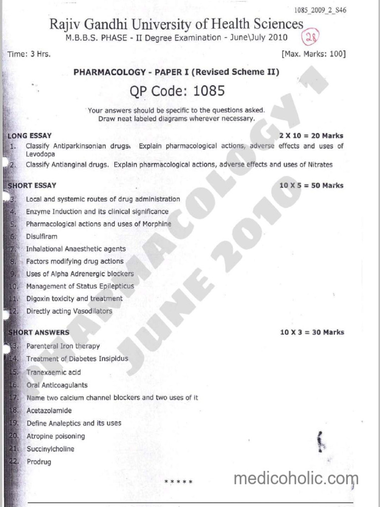 2nd Year MBBS Question Paper RGUHS Pharmacology Paper 1 | PDF