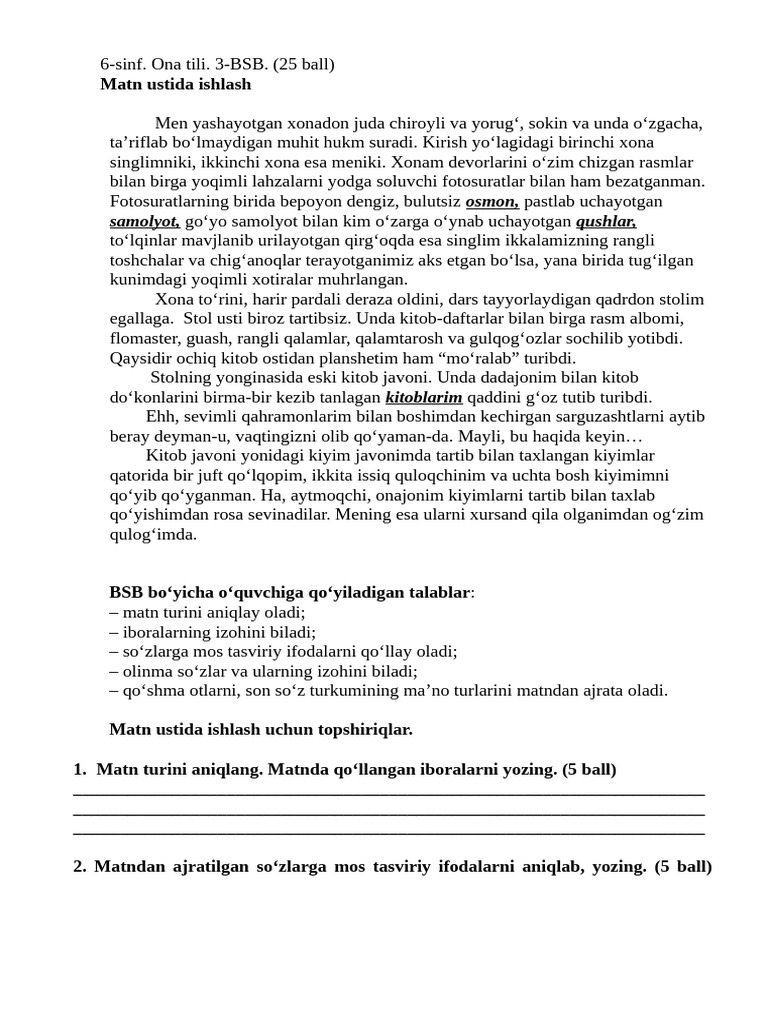 6-Sinf Ona Tili II Chorak 3-BSB | PDF