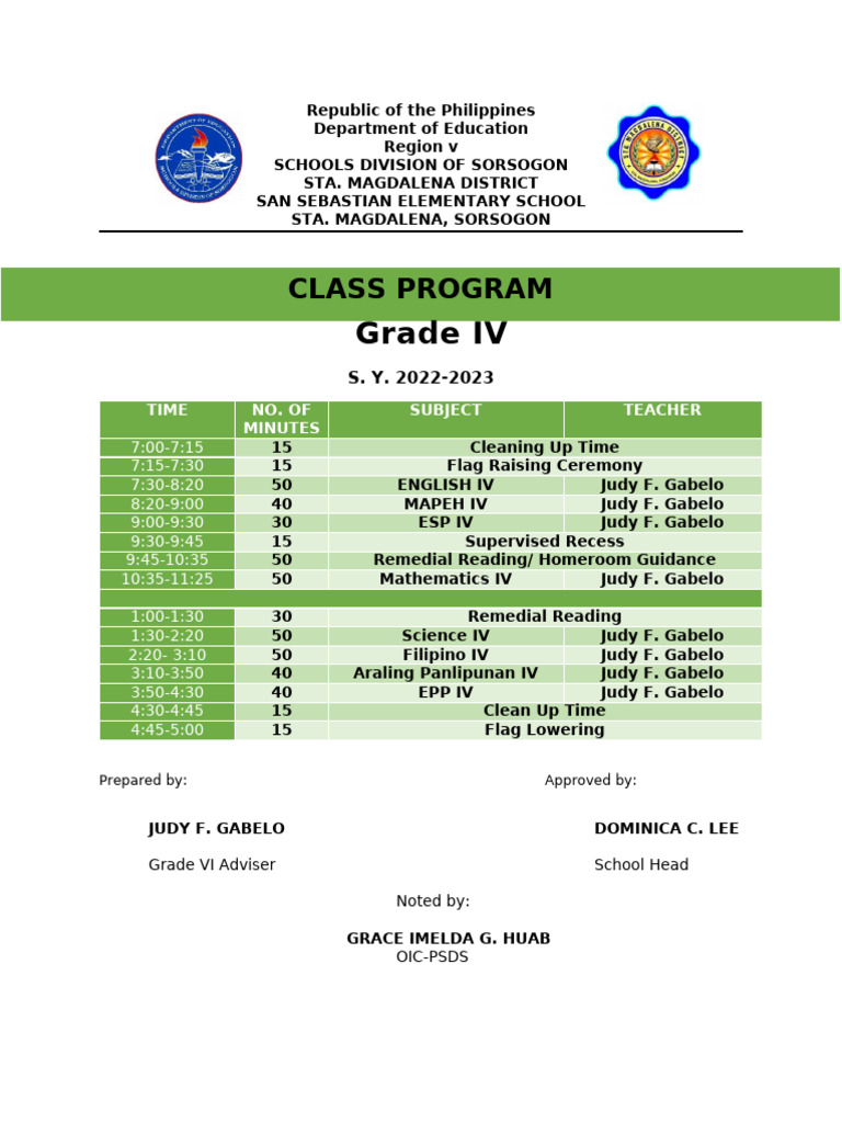 Grade IV Class Schedule 2022-2023 | PDF