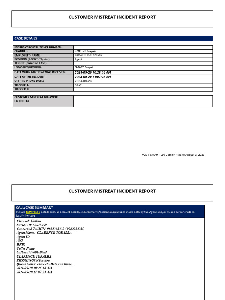 Mistreat Incident Report - JOMARIE MATANDAG | PDF | Telephony ...