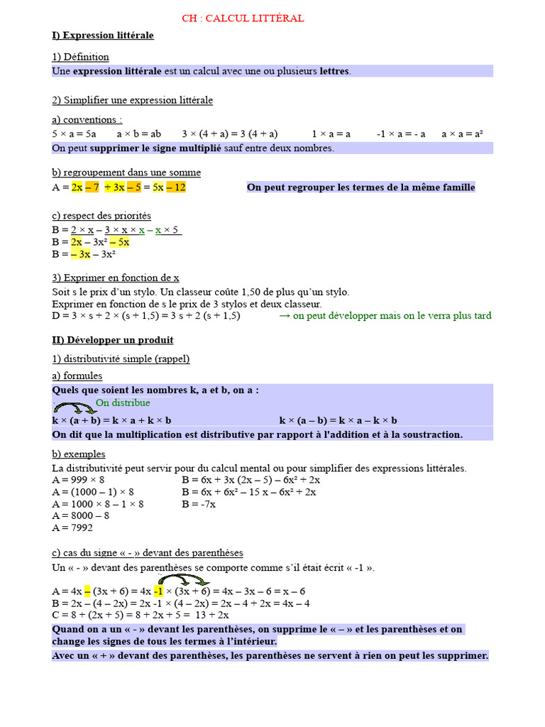 Cours de Calcul Littéral 3ème | PDF | Multiplication | Algèbre