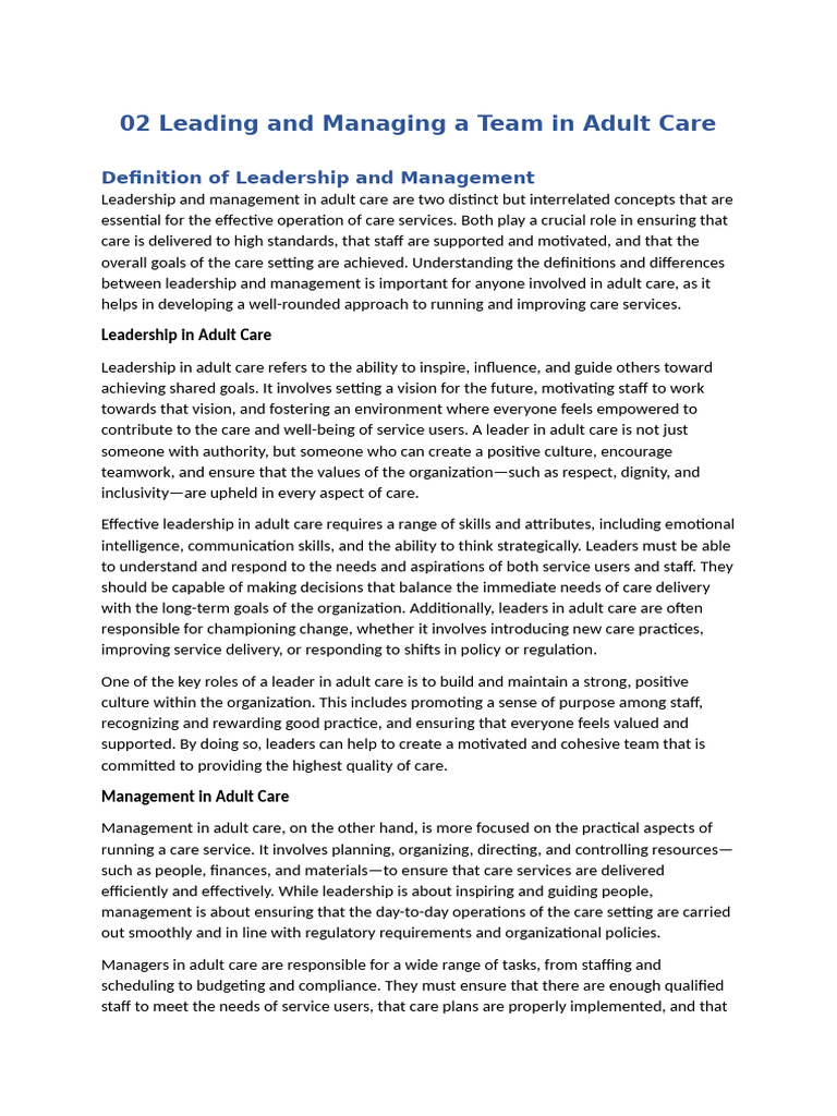 02 Leading and Managing A Team in Adult Care | PDF | Leadership ...