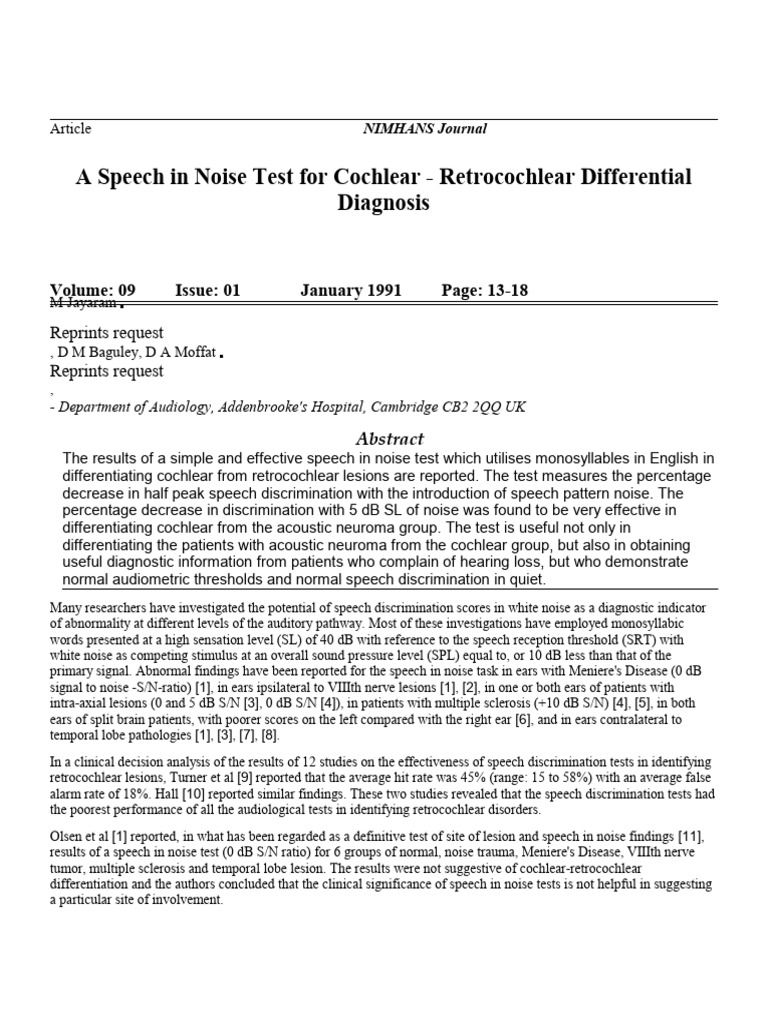 A Speech in Noise Test For Cochlear Retrocochlear Differential ...