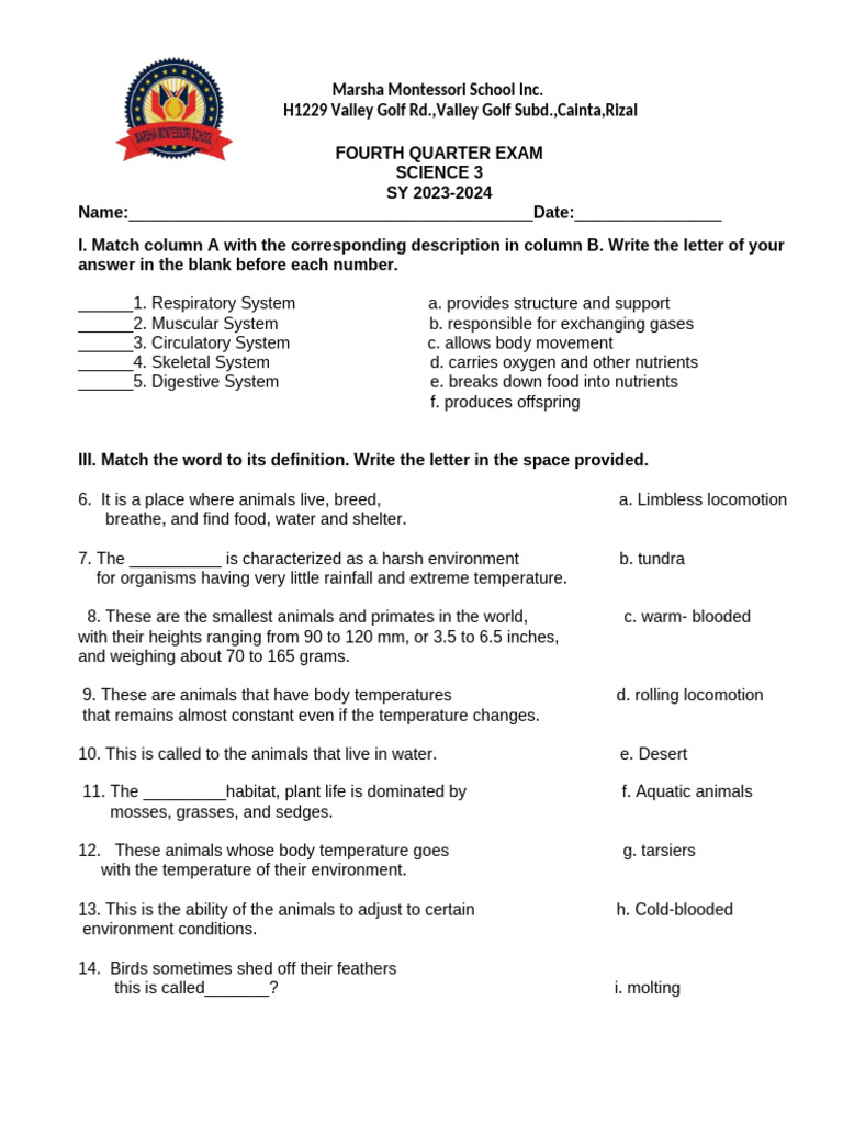 Grade 3 Science 2ND Quarter Exam S.Y. 24-25 | PDF | Plants | Root