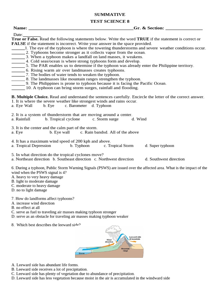 Science 8 Typhoon Assessment Test | PDF | Tropical Cyclones | Eye (Cyclone)