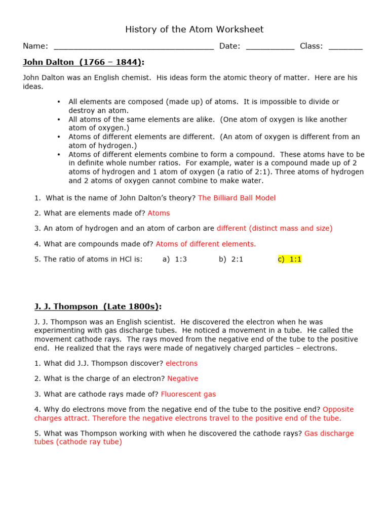 History of The Atom Worksheet Answers | PDF | Atoms | Atomic Nucleus