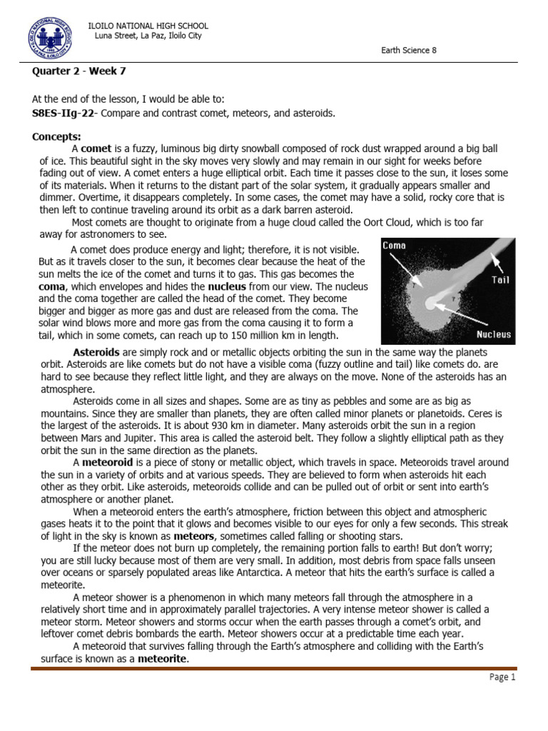 EarthSci 8 Q2 Space Rocks | PDF | Meteoroid | Comet