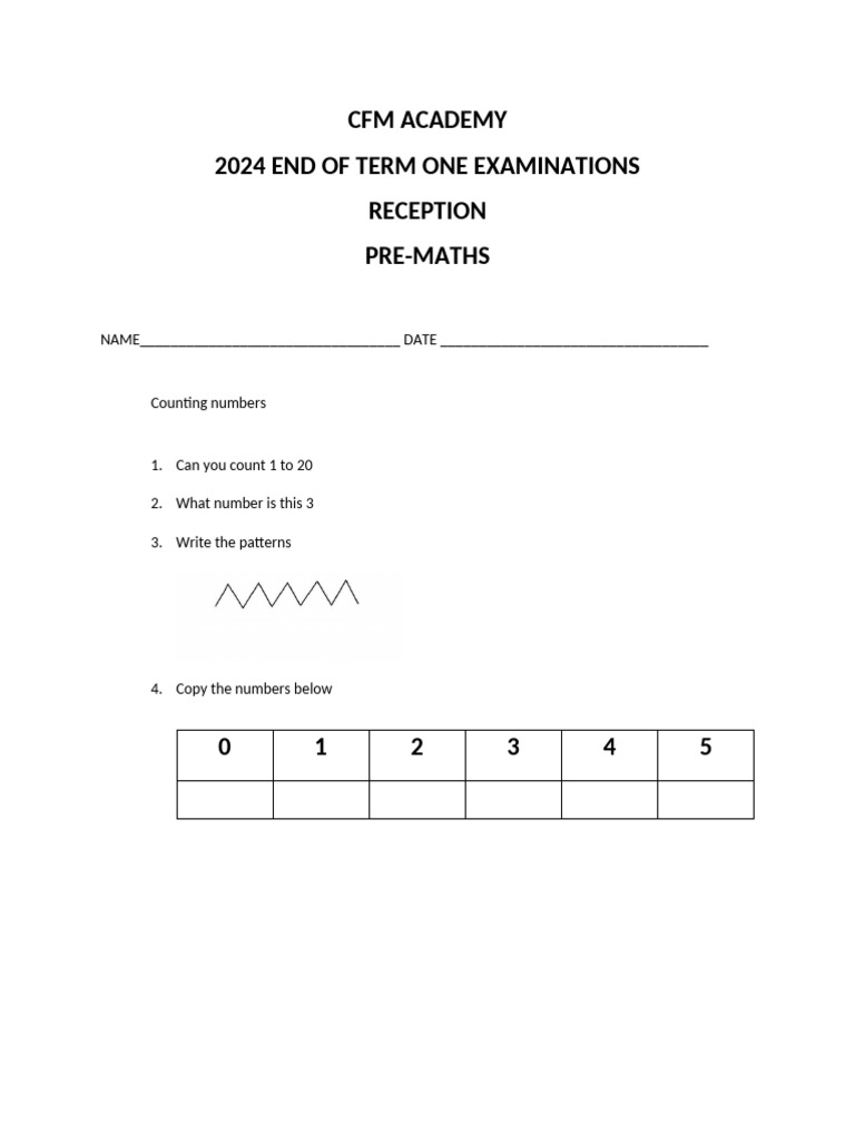 Reception Pre-Maths Exam Paper | PDF