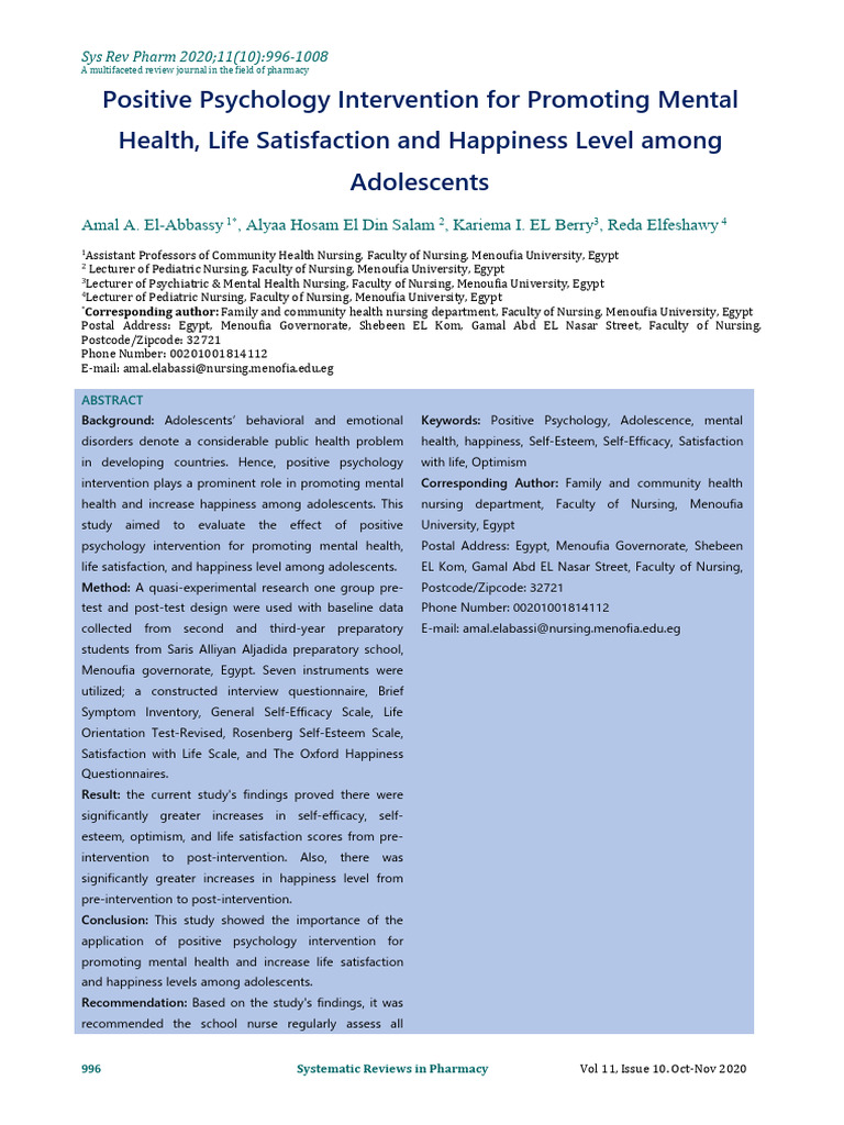 Positive Psychology Intervention For Promoting Mental Health Life ...