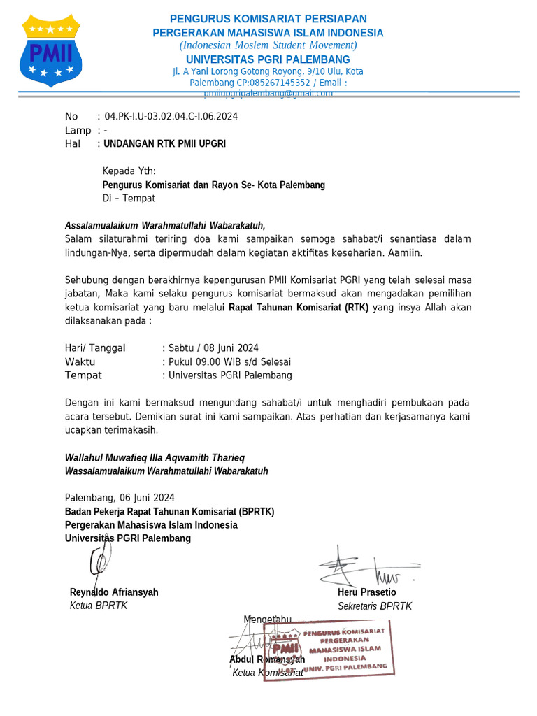Surat Undangan RTK Pmii Upgri | PDF