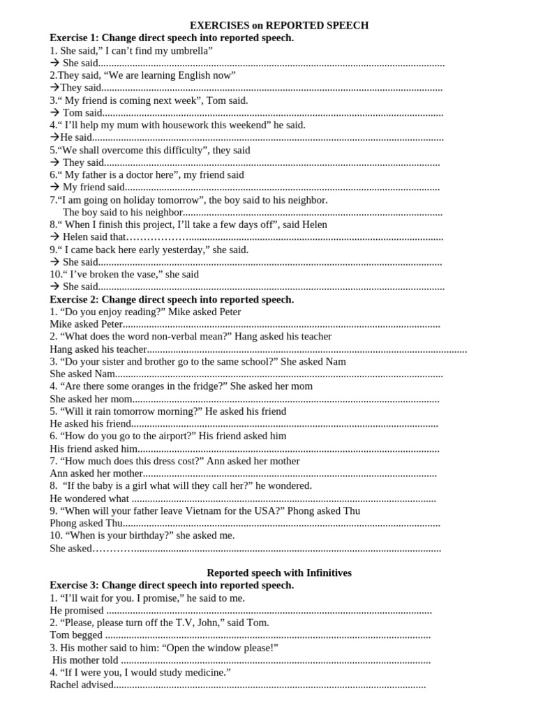 Reported Speech Exercises and Answers | PDF